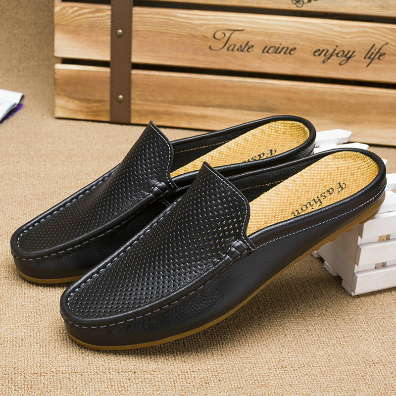 Men's Genuine Leather Summer Breathable Half Slippers BK-8068