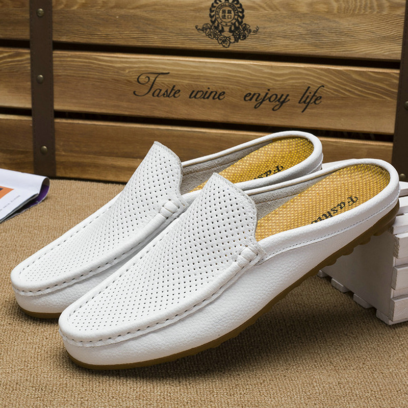 Men's Genuine Leather Summer Breathable Half Slippers WH-8068